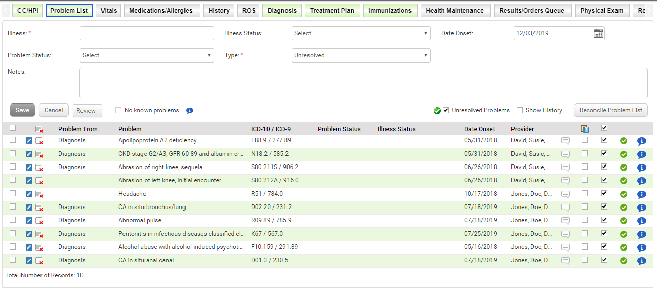 Recording Problem List